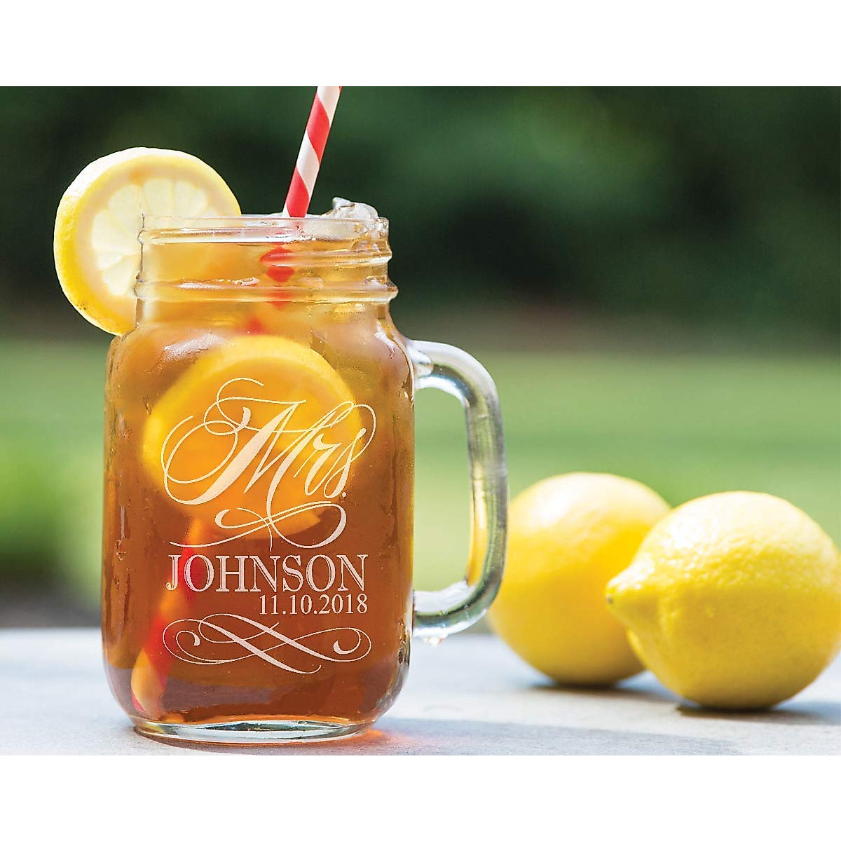 Custom Etched Mr. Mrs. Personalized Mason Mugs with Handle With Last Name and Date Set of 2, Clear