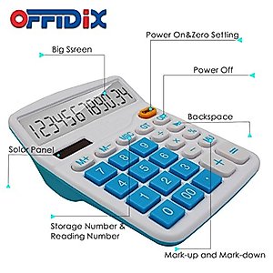 OFFIDIX Office Desktop Calculator, Solar and Battery Dual Power Electronic Calculator Portable 12 Digit Large LCD Display Calculator, Calculators Large Display Blue