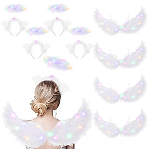 Liitrsh 4 Sets Light up Angel Wings and Headband Set White Angel Wings Costume for Girls Led Angel Feather Wings for Kids Women Halloween Christmas