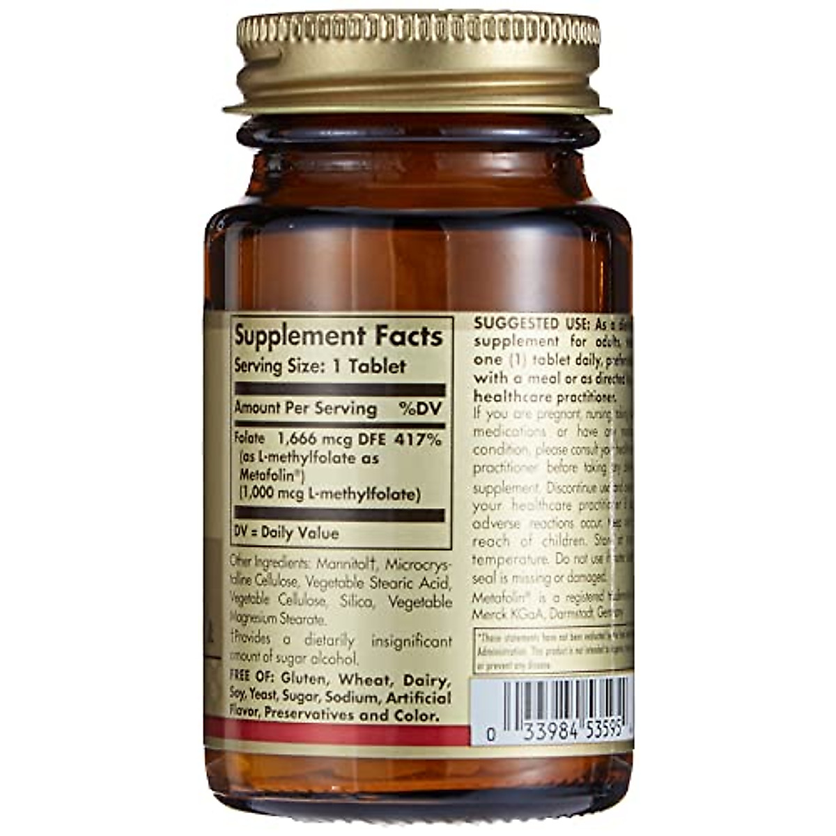 Solgar Folate 1000 mcg, 60 Tablets - 1000 mcg Bio-active Metafolin - Heart Health - Vegan, Gluten Free, Dairy Free, Kosher - 60 Servings