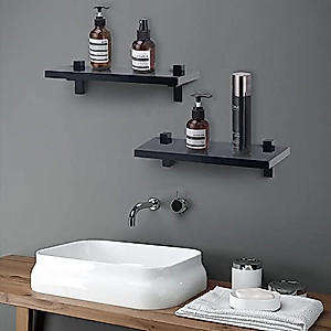 Black Floating Shelves 16 Inch Long, Wooden Bathroom Shelves Set of 2, Modern Floating Wall Shelf with Glossy Finish for Home Decor & Storage