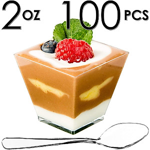 DLux 100 x 2 oz Mini Dessert Cups with Spoons, Square Short - Clear Plastic Parfait Appetizer Cup - Small Reusable Serving Bowl for Tasting Party Desserts Appetizers - With Recipe Ebook