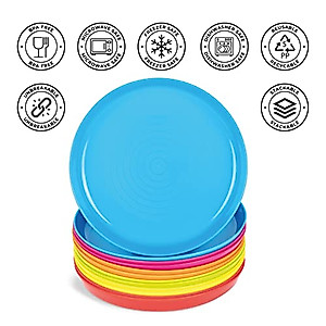 PLASKIDY Kids Plates Set of 12 Toddler Plastic Plates - BPA FREE Microwave and Dishwasher Safe Reusable Plastic Children's Plates Brightly Colored 7 Inch Dinner Plates