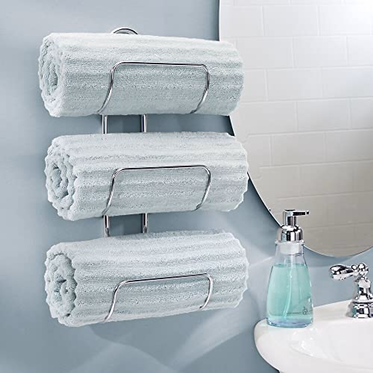 mDesign Modern Decorative Metal 3-Level Wall Mount Towel Rack Holder and Organizer for Storage of Bathroom Towels, Washcloths, Hand Towels - 2 Pack - Chrome