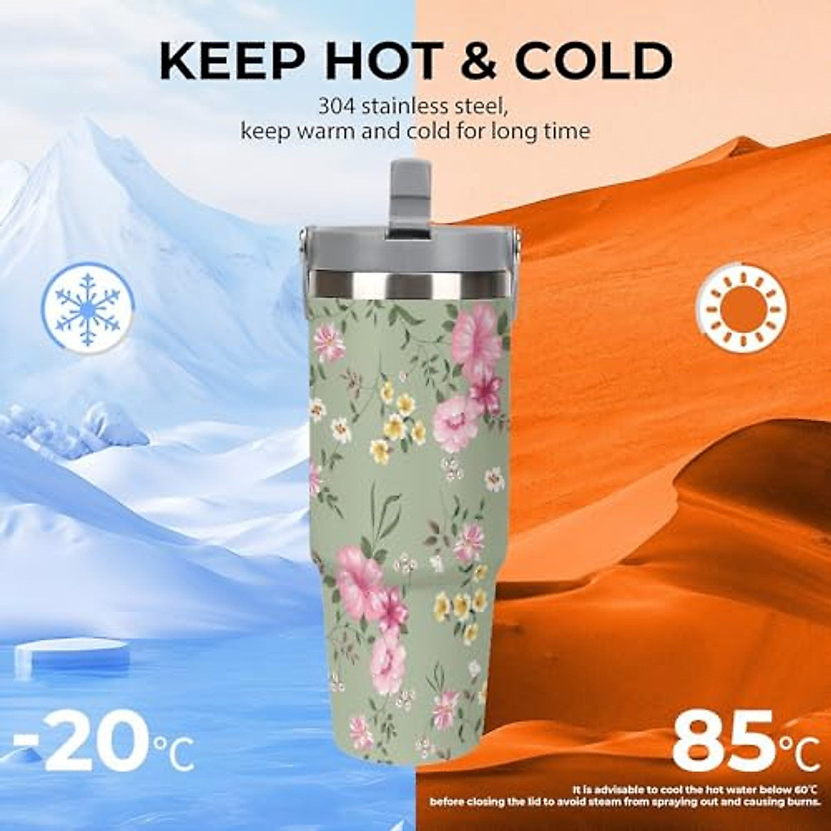 GemGam Stainless Steel Tumbler with Lid And Straw 30 Oz Top Handle Pink Vintage Flower Summer Leakproof Vacuum Insulated Water Bottle for Car Travel Tropical