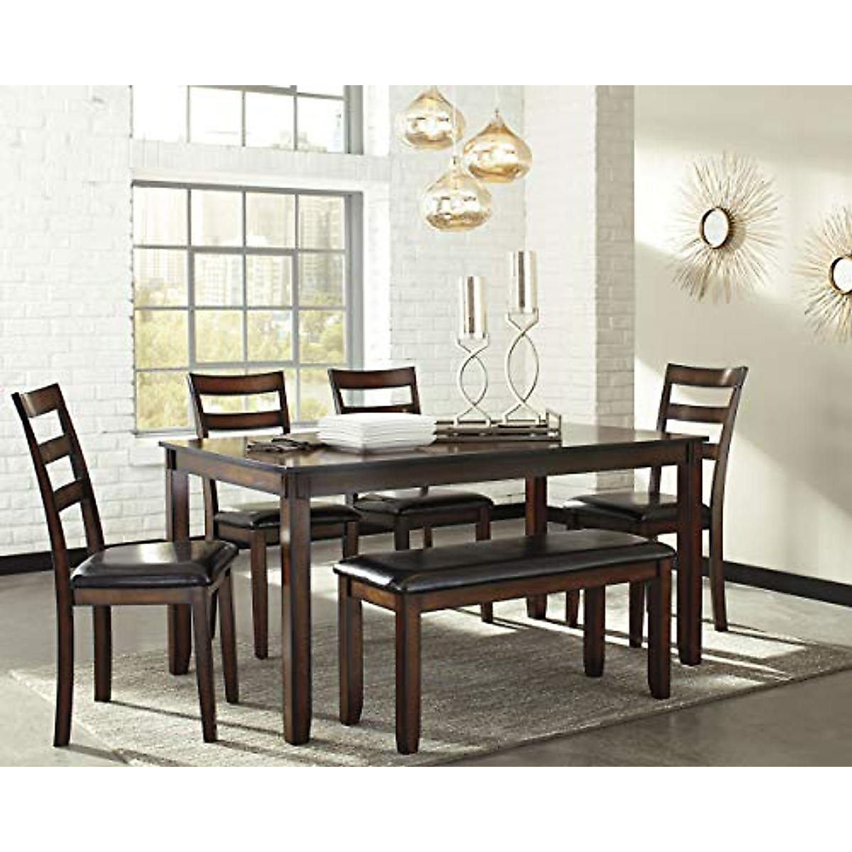 Signature Design by Ashley Coviar 6 Piece Dining Set, Includes Table, 4 Chairs & Bench, Dark Brown & Coviar 5 Piece Counter Height Dining Set, Includes Table & 4 Barstools, Brown