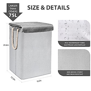 GZMXM Large Laundry Hamper 75L Tall Collapsible Laundry Basket with Lid and Removable Bag Foldable Dirty Clothes Hamper with Rope Handles Durable Storage Basket Clothing and Toys Organization-Grey