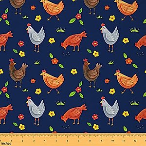 Colorful Chicken Fabric by The Yard Watercolor Hand Painted Farm Livestock Fabric for Chairs Decoration DIY Gifts Home Decor Childish Floret Rustic Plants Fabric for Kids Boys Girls,1 Yard