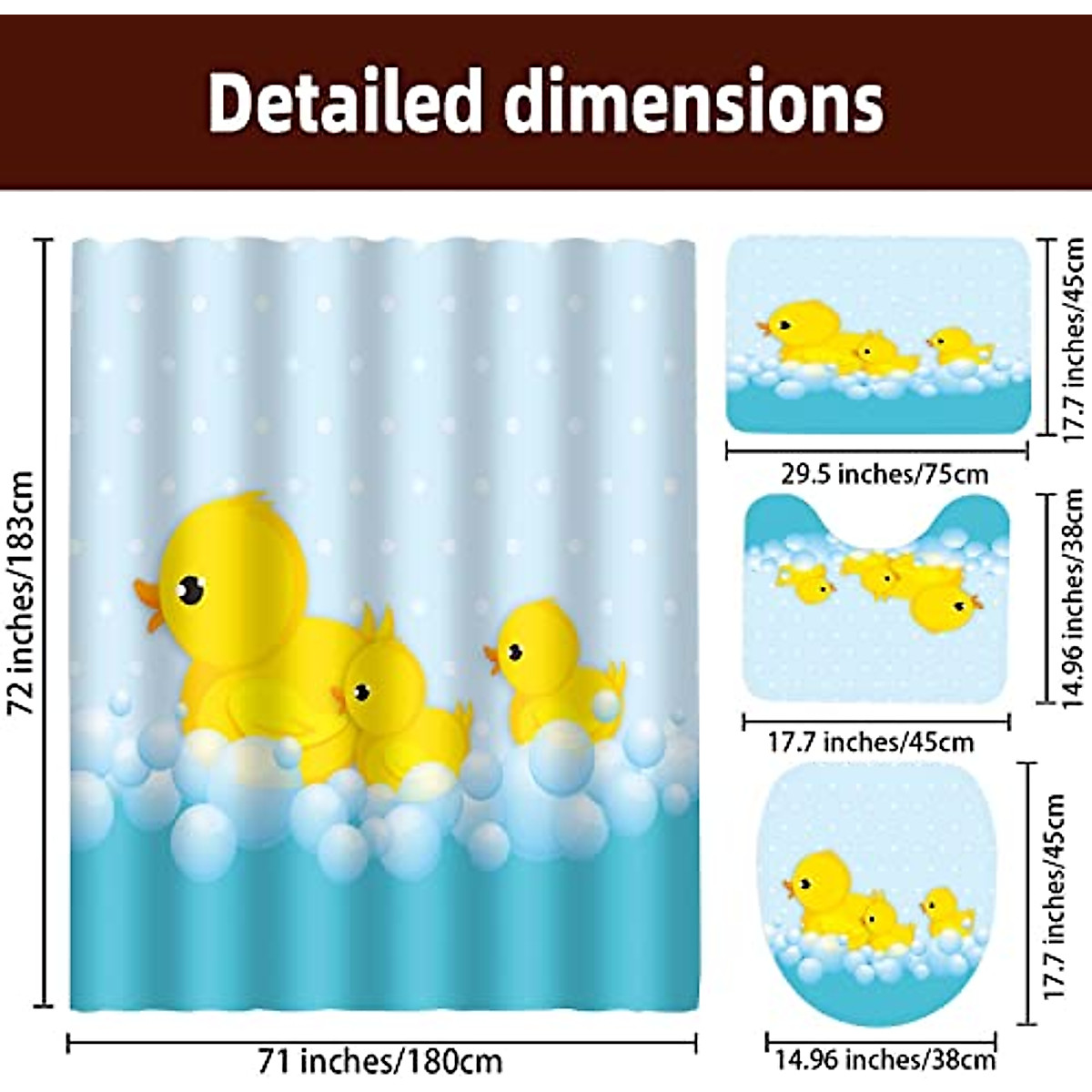 EARVO Cute Yellow Duck Taking Bath Shower Curtain 4Pcs Bath Sets with Non-Slip Rugs U-Shaped Mat Toilet Lid Cover for Kids Baby Bathroom Decor 71x72 inches Polyester Fabric 12 Hooks SETMYEA34