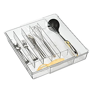 mDesign Adjustable, Expandable Plastic In-Drawer Utensil Organizer Tray Deep 6 Section Divided for Kitchen Organization; Holds Cutlery, Flatware, Silverware, Cooking Utensils, Ligne Collection, Clear