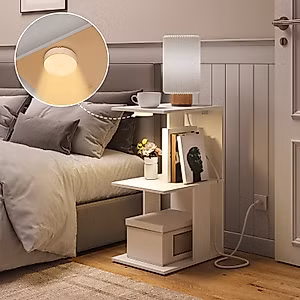 MAHANCRIS End Table with Charging Station and Side Tables with Charging Station bundle，Narrow Side Table for Small Spaces，2-Tier Nightstand with Tempered Glass Top，for Bedroom，Living Room ETWT18E01Z-E