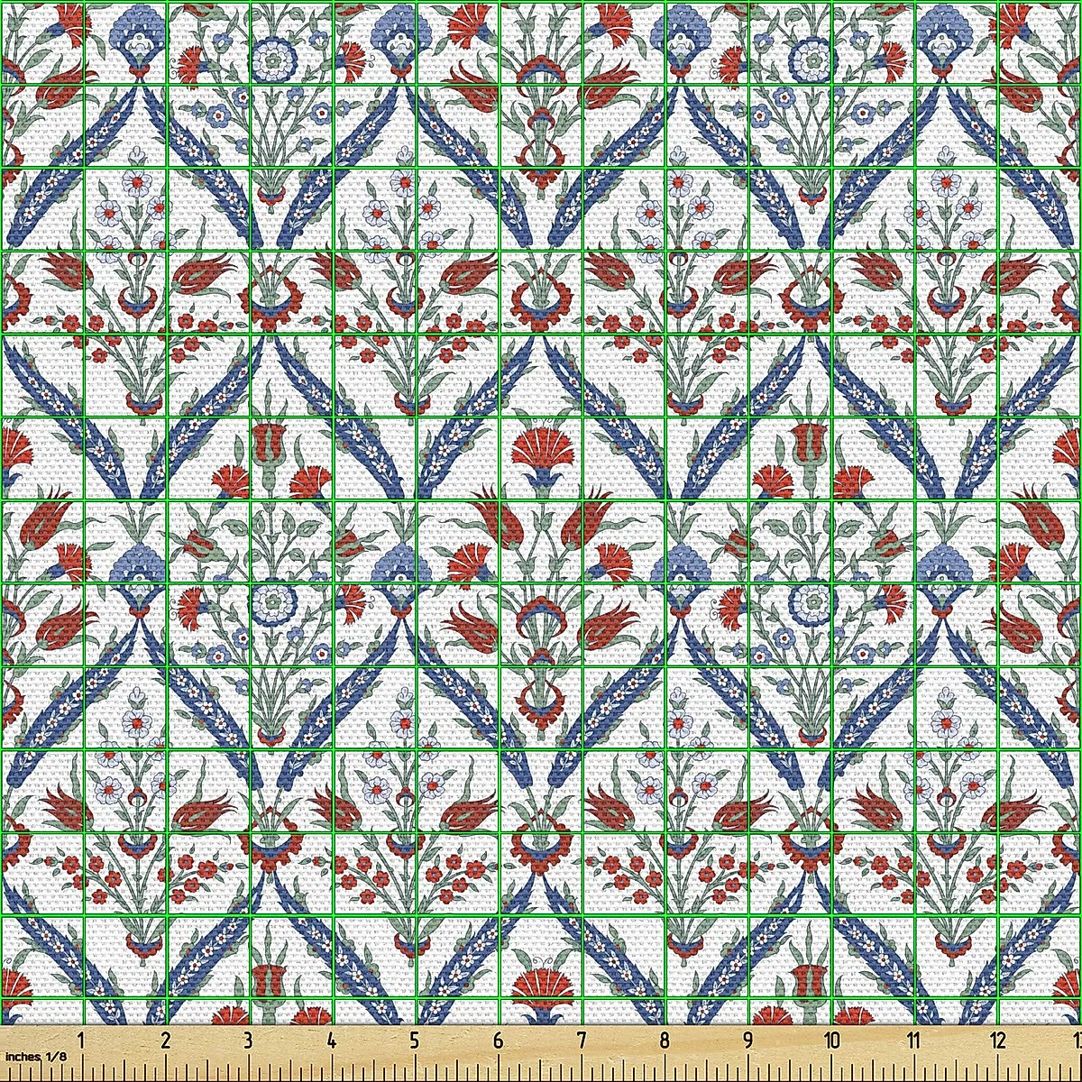 Ambesonne Ottoman Fabric by The Yard, Turkish Traditional Ceramic Tulip Patterns with Cultural Ottoman Royal Lines Design, Decorative Fabric for Upholstery and Home Accents, 1 Yard, Dark Coral