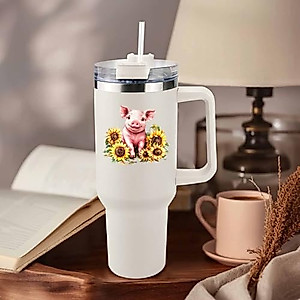 LB LEOBON 40 ounce insulated cup with handle, double-layer vacuum stainless steel material, equipped with straw, can keep warm or maintain cold drinks Pink Pig Sunflower white