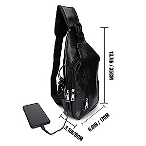 D.LerBung Men's Sling Bag Leather Chest Shoulder Backpack Water Resistant Anti Theft Crossbody Bag with USB Charge Port Black