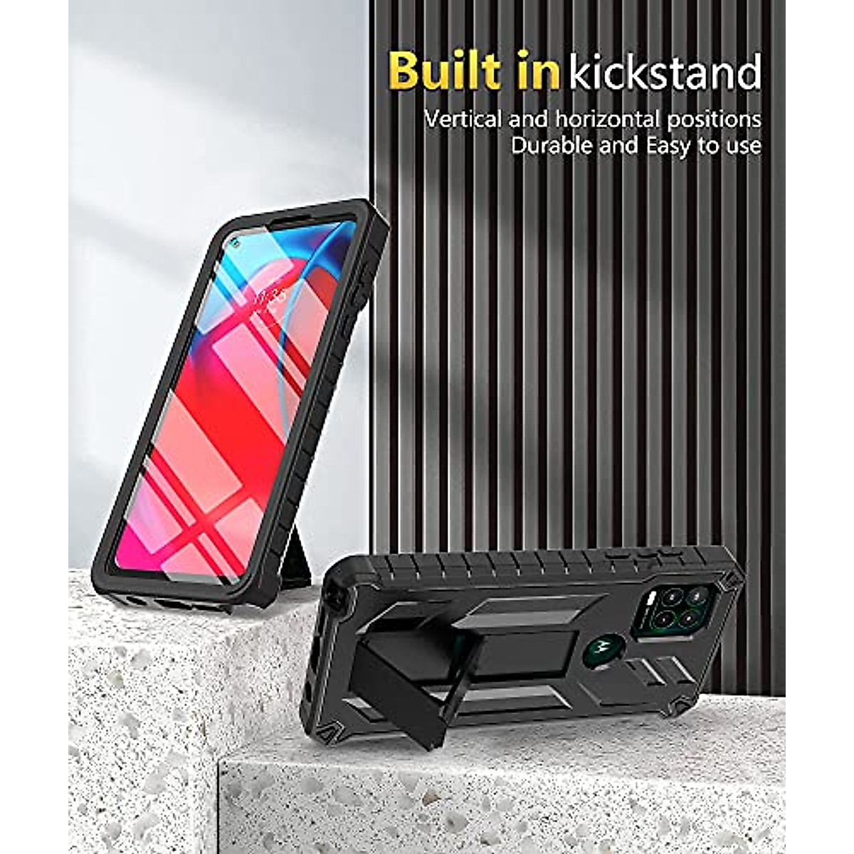 for Motorola Moto G Stylus 5G (2021) Case: Built-in Screen Protector Kickstand Full-Body Military Grade Three-Layer Protective Shockproof Rugged Phone Cover with Belt Clip Holster Black