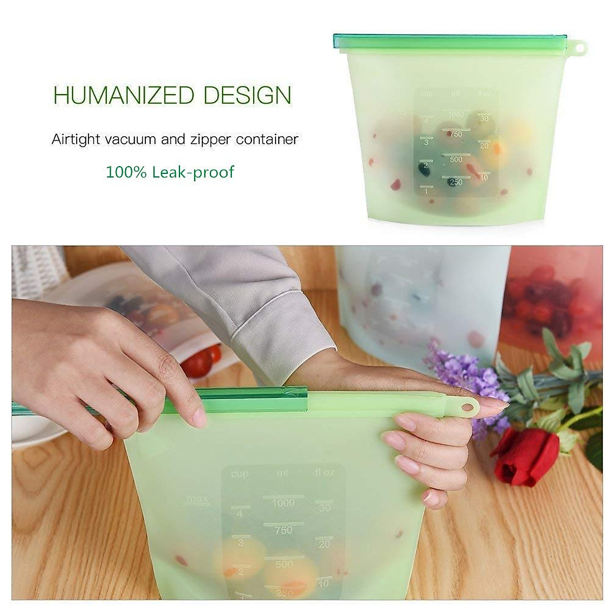 WeTest Silicone Reusable Food Bag for Sandwich,Fruit,Meat,Juice,Lunch,Snack Storage,Food Grade,Microwave Dishwasher Freezer Safe,Leakproof,1 Litre,4-Pack(Pink,Green,Blue,White) (Silicone Food Bag)