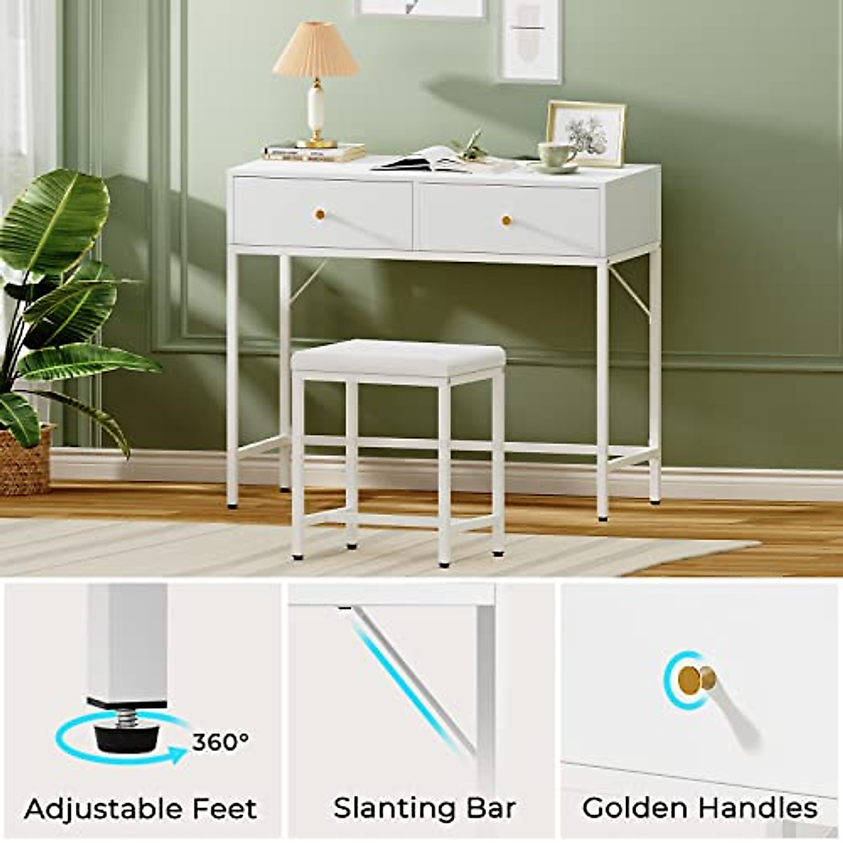 SUPERJARE 35.4" White Desk with 2 Drawers, Modern Makeup Vanity Desk with Padded Stool, Small Computer Desk Home Office Desk for Writing Study Bedroom