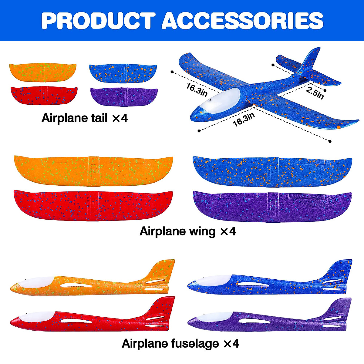 IJO 4 Pack LED Light Airplane Toys-17.5" Large Throwing Foam Plane-2 Flight Modes Glider Plane-Outdoor Flying Toys for Kids-Flying Toys Gift for Boys Girls 3 4 5 6 7 8 9 Years Old