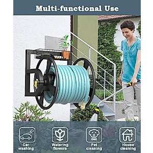 Artigarden Outdoor Garden Hose Reel Wall Mount, Heavy-Duty Water Hose Holder Winder with 3.9 ft Leader Hose, Brass Fitting and Storage Basket for Yard, Holds 125 Feet of 5/8-Inch Hose, Black