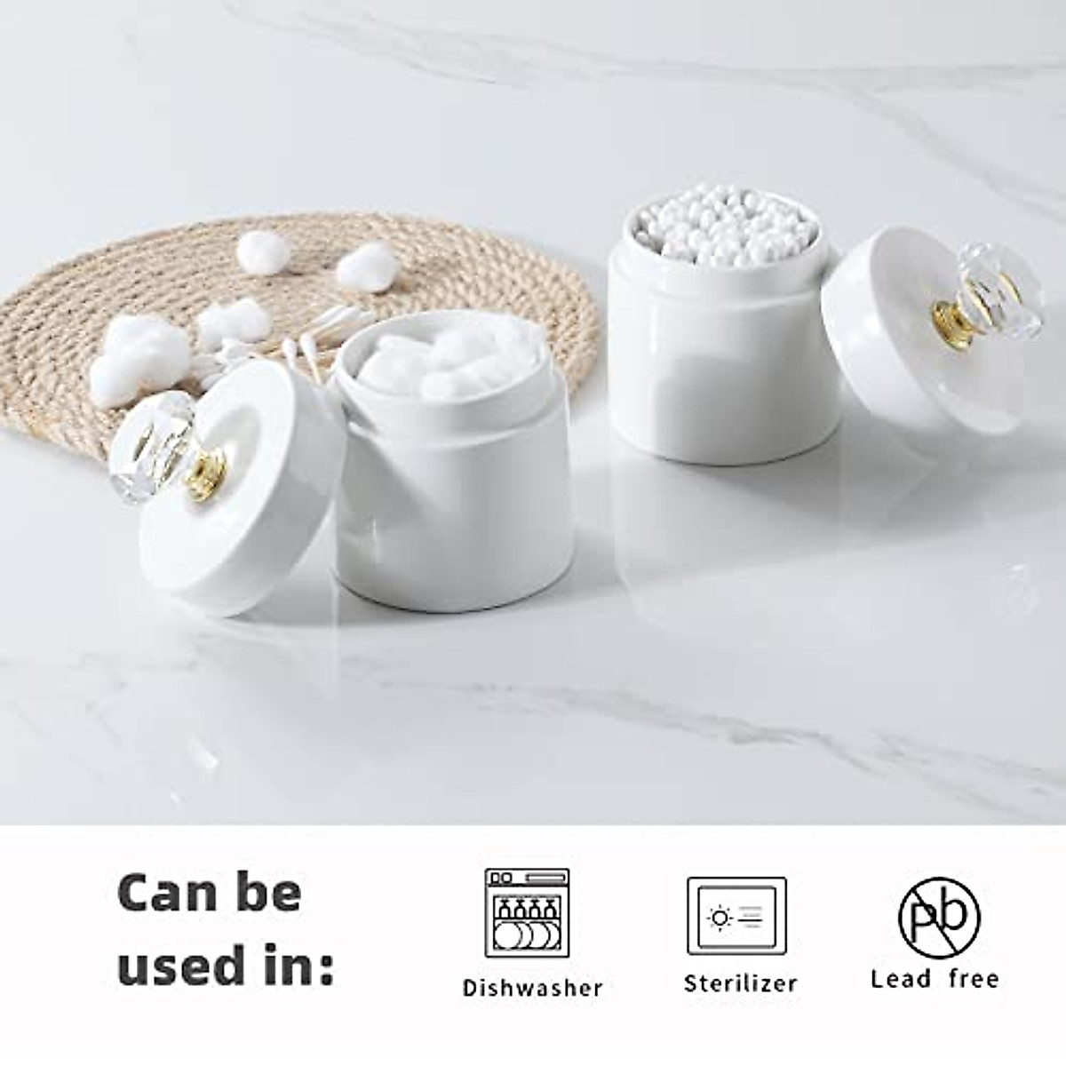 ONTUBE Porcelain Cotton Swabs Holder Organizer with Crystal Lid and Easy to Clean, White (Gold Lid,Set of 1)