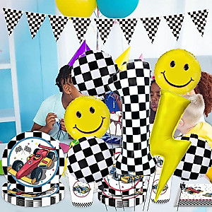 One Happy Dude Balloon Set 40" Black One Smile Face Checkered Balloons Yellow Lightning Balloon for One Happy Dude Birthday Decorations Smiley Face Party Decorations