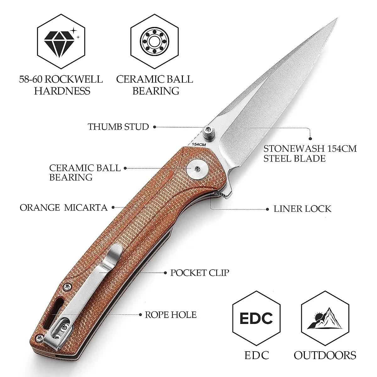 TRIVISA Folding Pocket Knife for Men，Outdoor EDC Flipper Knives with Clip, 3.26" 154CM Steel Blade & Micarta Handle，Ball Bearings Pivot,Gift for Camping Fishing Hiking Survival.Volans-04O