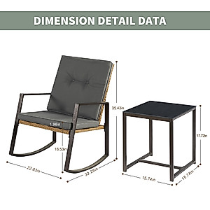 VSMKSJ 3 Pieces Patio Rocking Chairs Set of 2, Outdoor Wicker Patio Sets Conversation Coffee Table for Front Porch,Balcony,Garden,Poolside,Washable Cushion (Grey)
