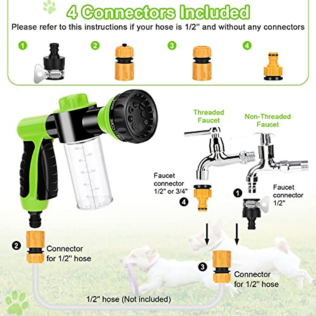 Pup Jet Dog Wash 7 Pieces Pet Bathing Tool Set Include Hose Nozzle Foam Sprayer with Connectors, Dog Rubber Comb Brush and Wash Mitt, for Showering Pet, Car Wash and Watering Plants Green