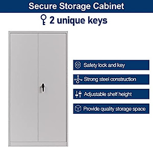 Aobabo Metal Storage Cabinet with 2 Doors, 72”H×36”W×18”D Locking Steel Storage Cabinet for Office,Garage,Gray Storage Cabinets with 4 Adjustable Shelves,Assembly Required
