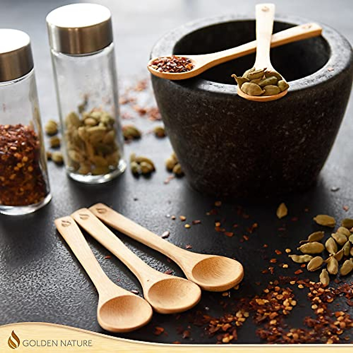 Bamboo Spoons Set of 5 – Wooden Tea Spoons Perfect for Coffee, Sugar, Spices, Seasoning, Herbs & Desert, 100% Biodegradable and Environmentally Eco Friendly