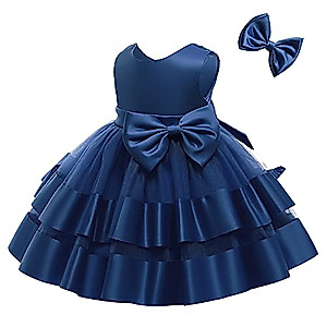 SkyPICK Girl Party Dress Bowknot Double Tullle with Headband 12M Navy Blue 7633