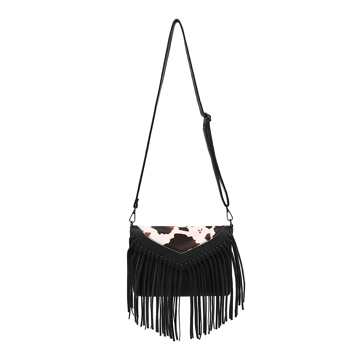 ZOVYRON Western Fringe Crossbody Purse, Boho Cow Print Bag Small Leather Fringe Purse Leopard Tassel Fringe Shoulder Bag for Women