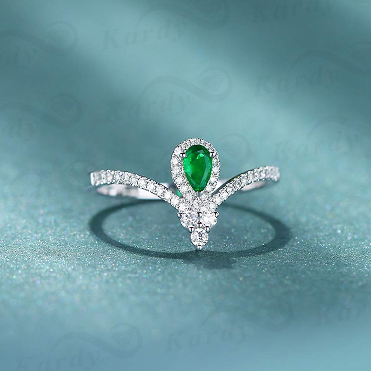 Amazing Elegant Deep V Shape Natural Emerald Gemstone Diamond Solid 14K White Gold Engagement Wedding Promise Ring for Women