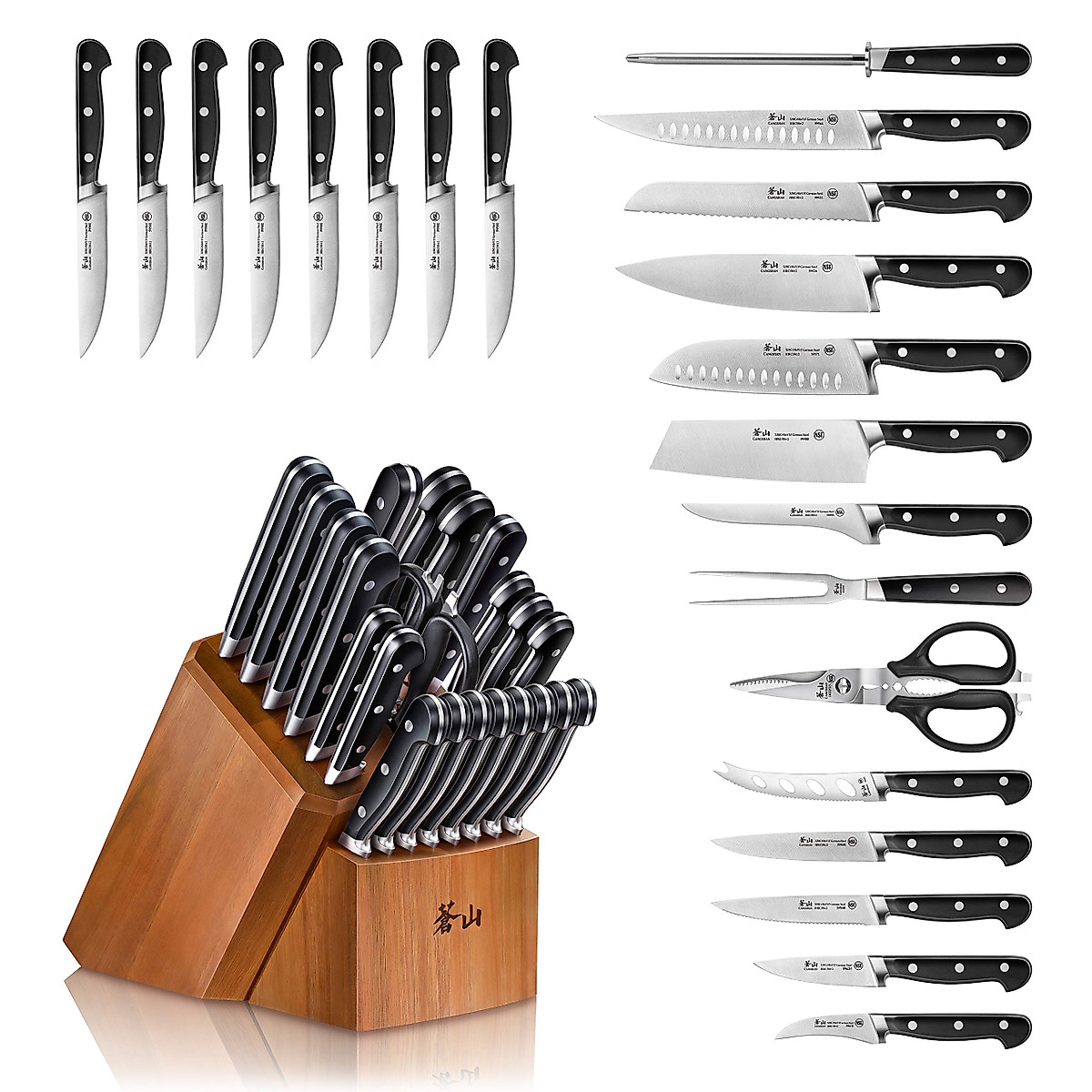 Cangshan V2 Series 1024128 German Steel Forged 23-Piece Knife Block Set, Acacia