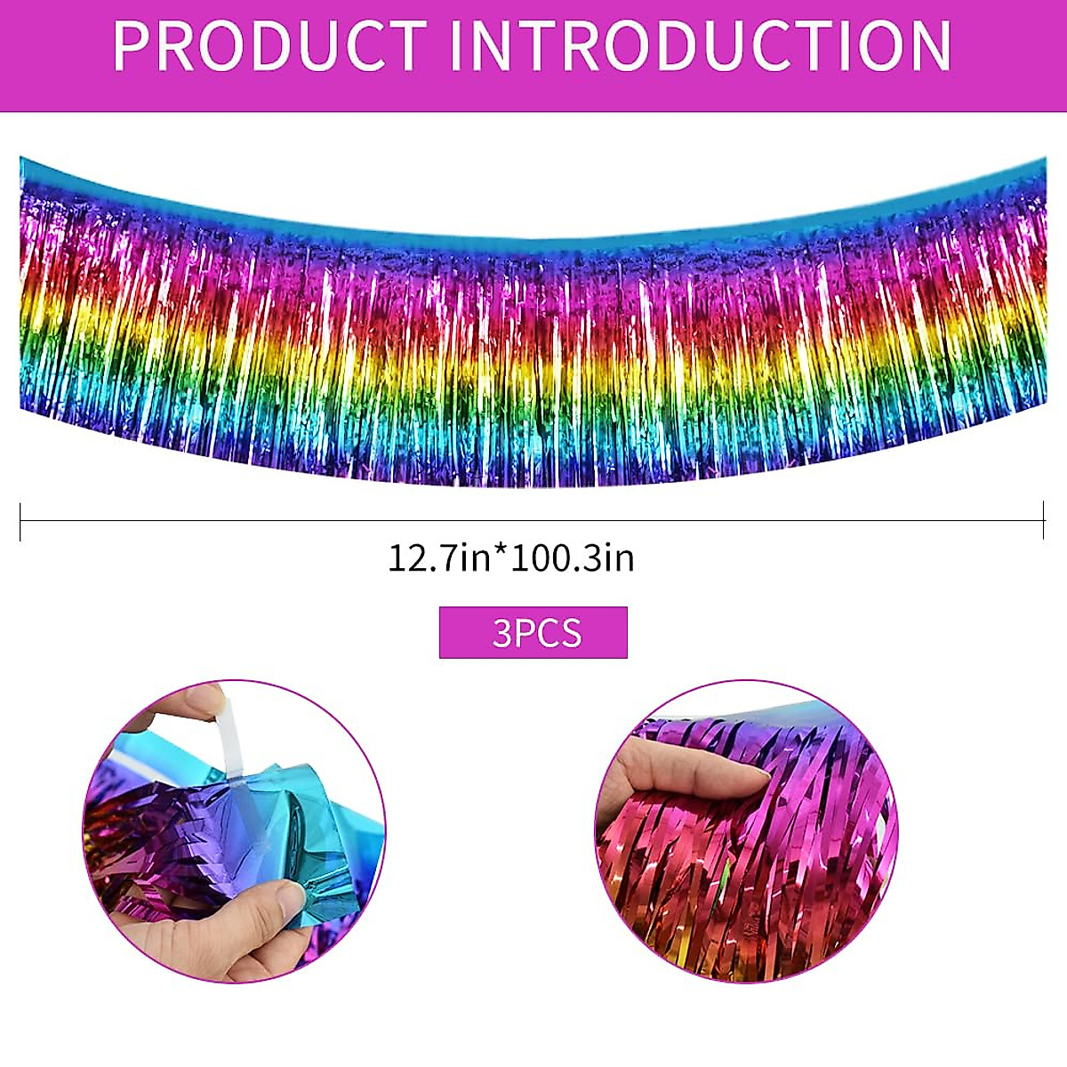 BEISHIDA 3 Packs Metallic Foil Fringe Garland Dark Rainbow Wall Hanging Tinsel Fringe Banners for Car Floats Bridal Shower Wedding Birthday Easter Graduation Holiday Party Decoration(30 Feet)