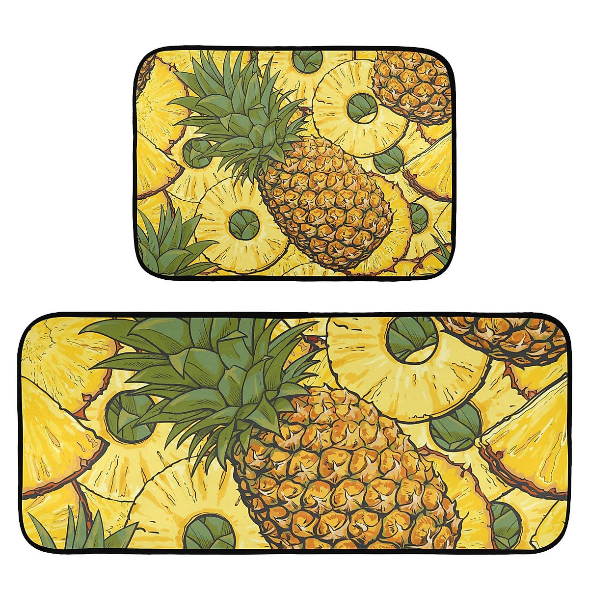 BOENLE Kitchen Rugs and Mats Non Skid Washable Kitchen Rug Set 2 Piece Tropical Pineapple Exotic Fruits Carpet Ergonomic Comfort Standing Mat for Kitchen,Bathroom, Laundry