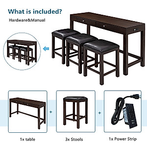 Merax 4-Piece Counter Height Bar Table Set with Socket and 2 Drawers, Mulitpurpose Rustic Bar Dining Table Set with 3 PU Leather Padded Stools, Espresso
