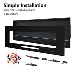 Oxhark Flame 50 inch Electric Fireplace, Wall Mounted and Recessed Fireplace Insert with Remote Control, 13 Flame Effects, 5 Brightness, Realistic Logs & Crystals, 1500W(5100BTU), Timer, Black