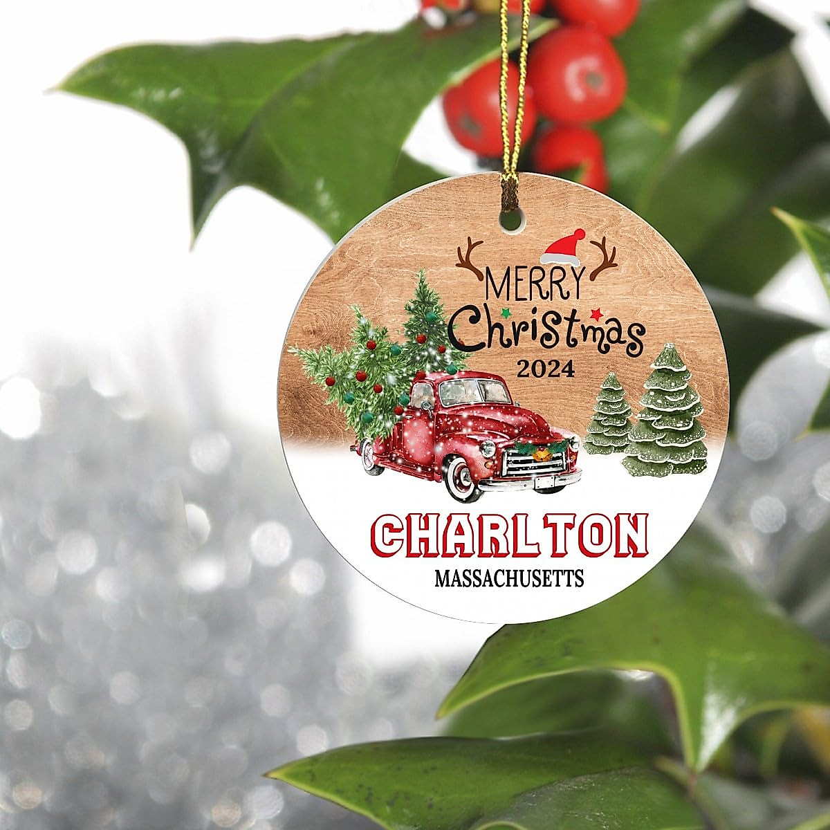 Christmas Tree Ornaments 2024 - Charlton Massachusetts Ornament Hometown Custom City State - Keepsake Gift Ideas Charlton MA Ornament 3" for Friend and Housewarming