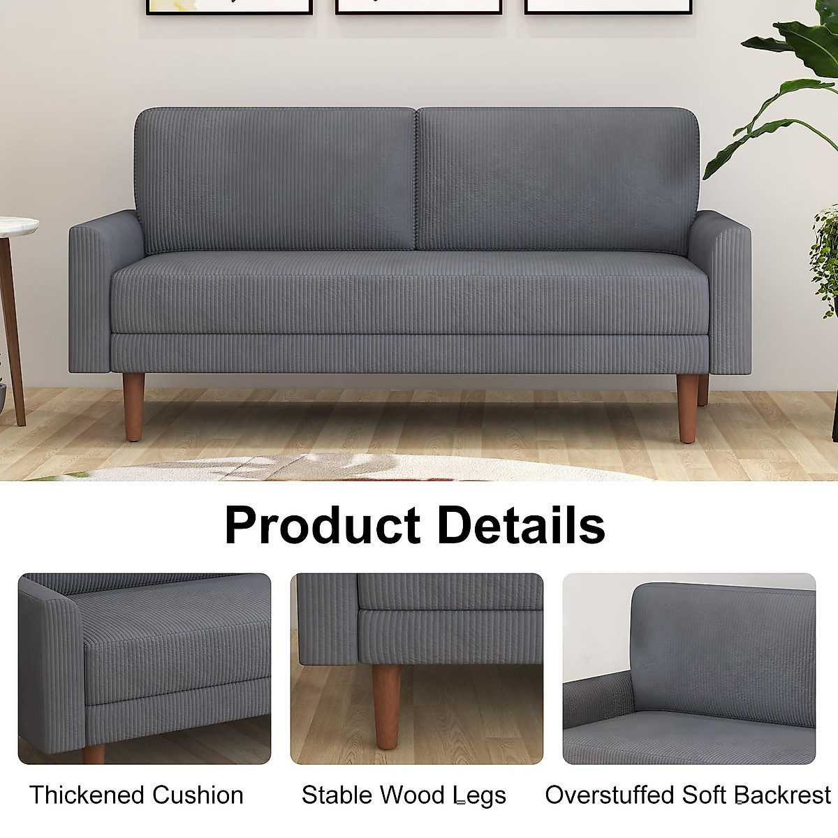 EBELLO 67" Corduroy Modern Sofa Couch, Cozy Comfy Overstuffed 2 Seat Loveseat Couch Sofa with Solid Wood Feet, Soft Padded Seat Small Living Room Futon for Apartment, Gray