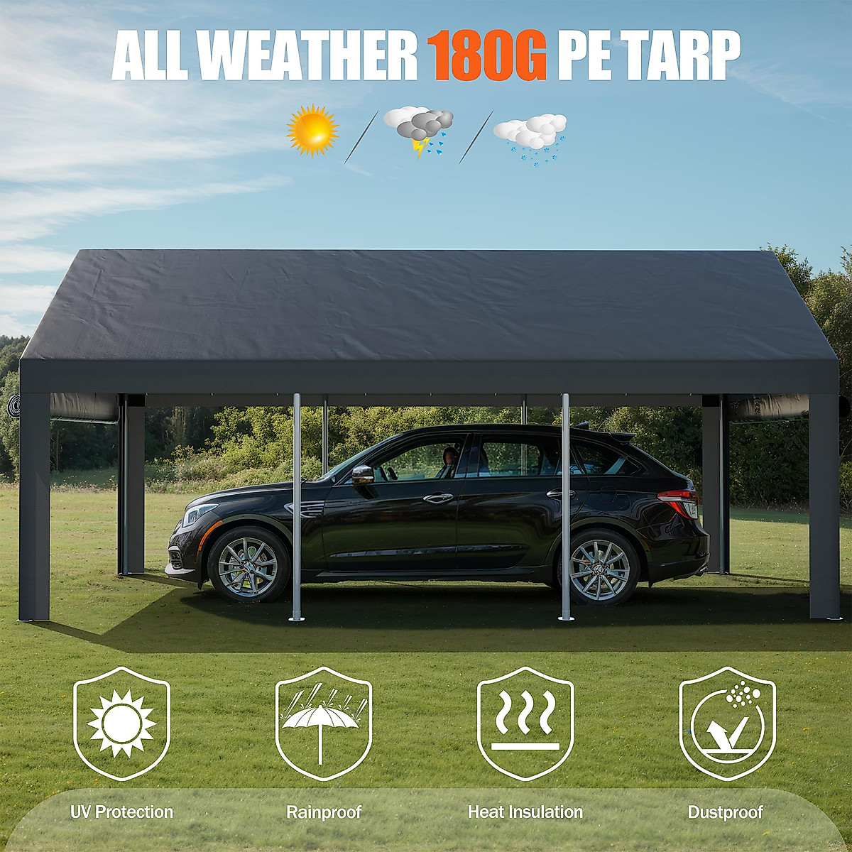 JAMFLY Carport, 12x20 ft Heavy Duty Carport Canopy with Roll-up Windows, Portable Garage with Removable Sidewalls & Doors, Car Canopy with All-Season Tarp for Car, Truck, Boat