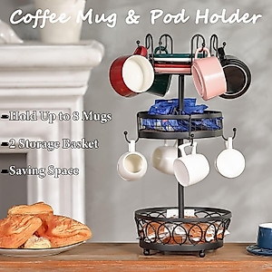 Coffee Cup Tree Coffee Mug Holder Tree Stand 4 Tiers Coffee Cup Stand with 12 Mug Hooks Mug Rack Countertop with Storage Basket Coffee Mug Tree for Counter with Wooden Handle Perfect for Bar Kitchen