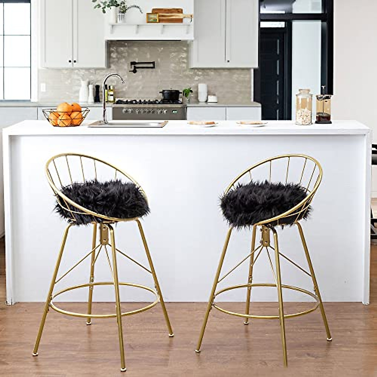 Alunaune 26inch Swivel Metal Bar Stools Gold Bar Chairs Set of 2 Black Faux Fur Counter Height Barstools Home Kitchen Counter Stool-Gold