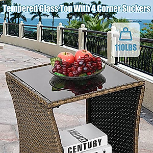 Wicker Side Table Porch Square Side Coffee Table with Glass Top and Storage Small End Tables Outdoor Porch Sofa Tables or Patio Lawn Balcony Pool Decoration Gold