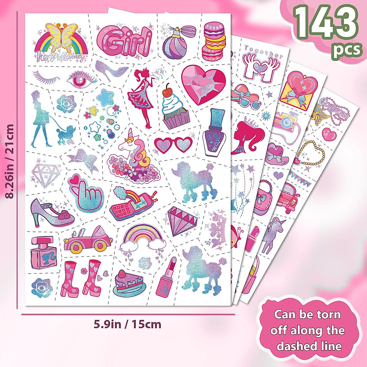 Waterproof Temporary Tattoos - 143pcs Groovy Fake Tattoo for Girls Birthday Party Favors, Princess Rainbow Shoes Power DIY Arts and Crafts Home Activity for Kids 6 7 8 9 10 11 12 years old