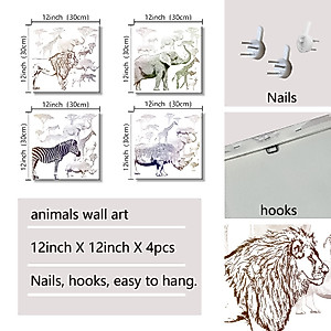 Animal Canvas Wall Art Safari Zoo Elephant Lion Zebra and Rhino Nursery Decor Printed Artwork Framed for Children's Room Bedroom Farmhouse Animal Wall Decoration Ready to Hang (12"x12"x4pcs)