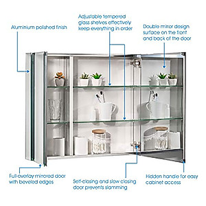 Movo Double Doors Medicine Cabinet with Mirror, 30 inch X 26 inch Aluminum Bathroom Medicine Cabinet, Adjustable Glass Shelves, Waterproof and Rust-Resist, Recess or Surface Mount Installation