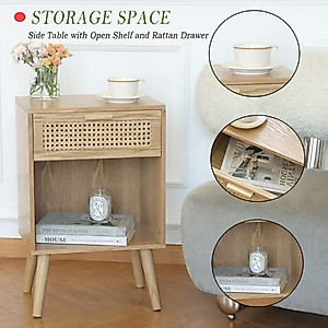 MaxSmeo Rattan Nightstand Small Side Table, End Table Living Room Modern Nightstand, Wood Nightstand with Drawers and Open Shelf (Natural Walnut)