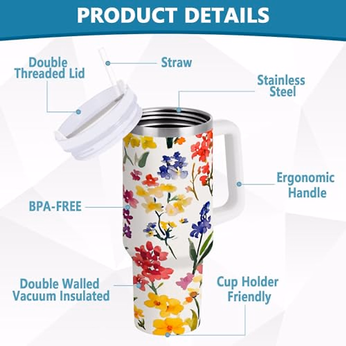 Vacuum Coldee Tumbler 40 oz with Lid and Straw Spring Cute Colorful Florals White Metal Water Bottle Wide Mouth To Go Coffee Mug for Women Men Him Her