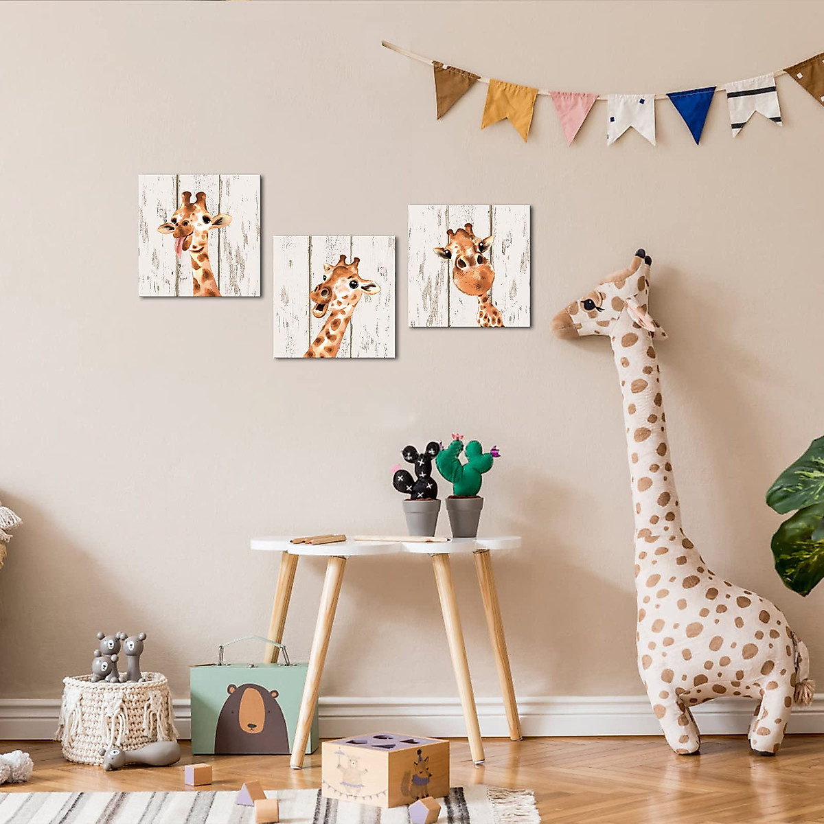 SiMiWOW Funny Giraffe Wall Art Giraffe Painting Kids Children Bedroom Living Room Nursery Wall Decor Framed Ready to Hang 12"x12"x3 Pieces